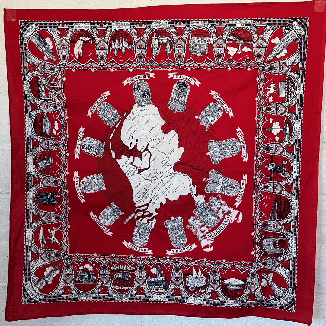 Red Map Bandana - 60s Netherlands Souvenir Bandana - Vintage Dutch Map ...