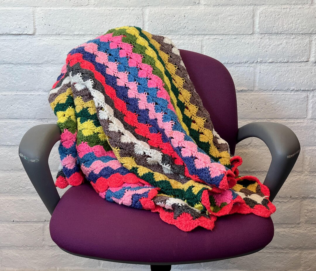 Vintage Multicolor Crochet Afghan Pretty 1980s Crocheted Blanket 80s ...