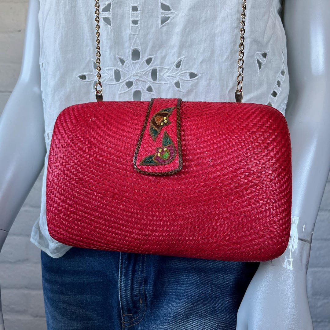 80s Red Straw Purse - Vintage Red Hard Case Purse W Chain Handle - Cute ...