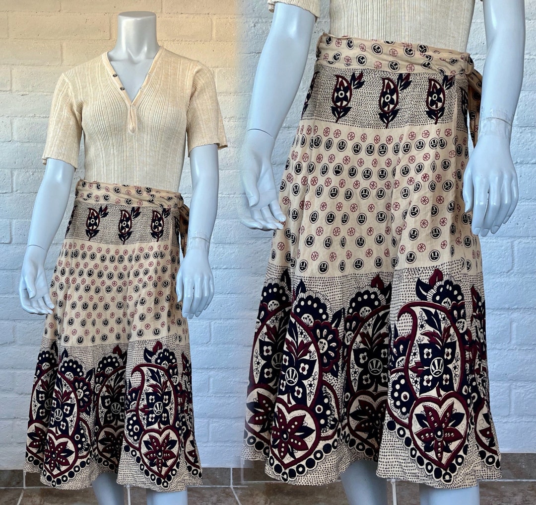 70s Block Print Wrap Skirt Vintage Gauzy Cotton Woodblock Pattern Skirt ...