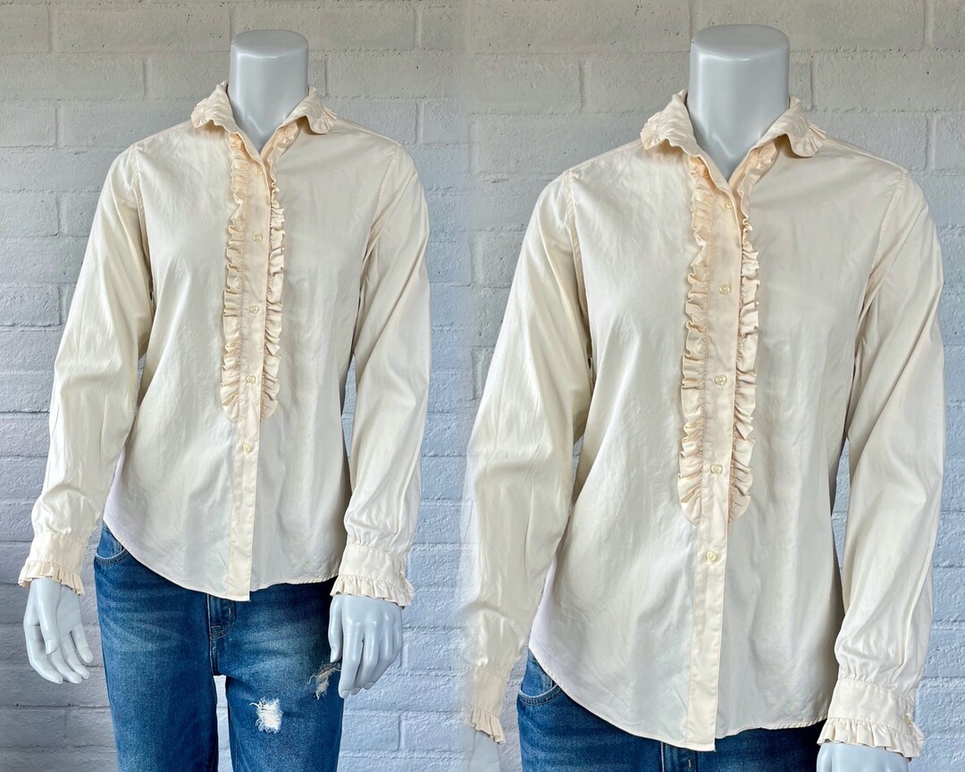 80s Ruffled Blouse Vintage Cream Cotton Pinpoint Oxford Shirt Romantic ...