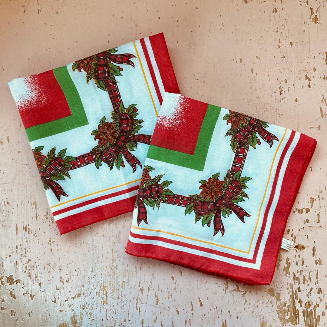 Set of Two Christmas Hankies Vintage Poinsettia and Holly Print ...