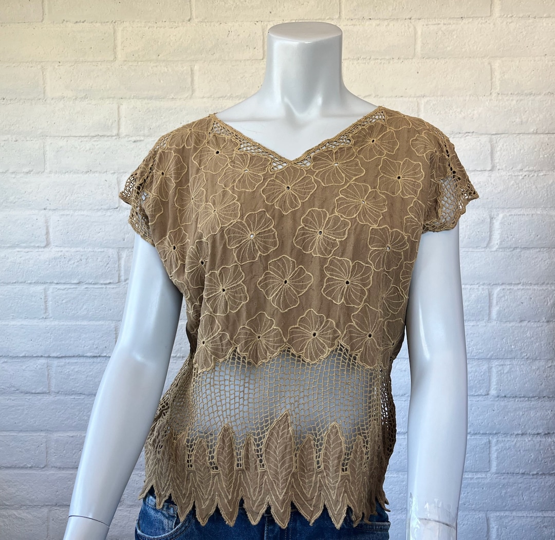 80s Bali Lace Top - Vintage Tan Cutwork Lace Blouse W Mesh Details ...
