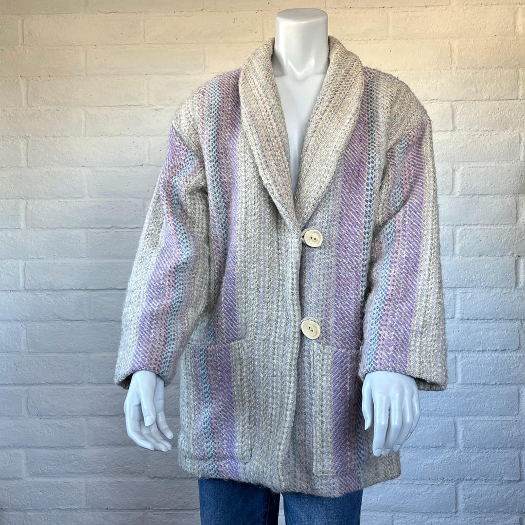 80s Hand Woven Coat Shawl Collar - Vintage 1980s Purple & Gray Striped ...