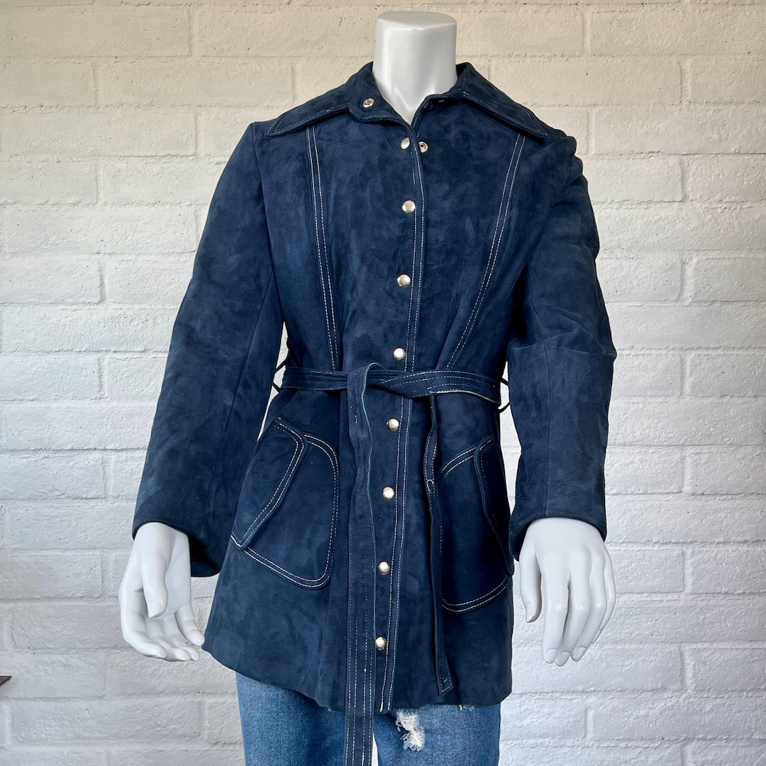 70s Blue Suede Jacket Vintage Navy Suede Jacket With Snap Front & Belt ...