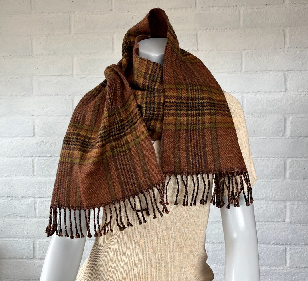 90s Wool Scarf - Vintage Brown Plaid Scarf in Pure New Wool - Cozy ...
