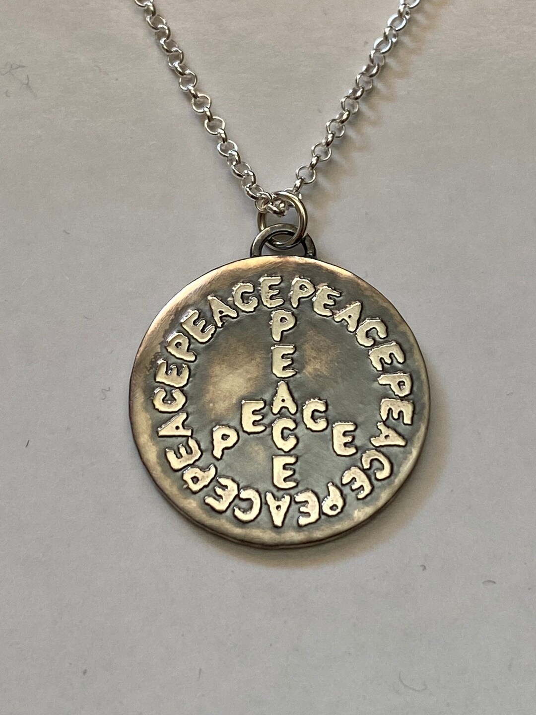 Silver Peace Sign Etched Pendant Necklace Amulet Sterling Silver ...