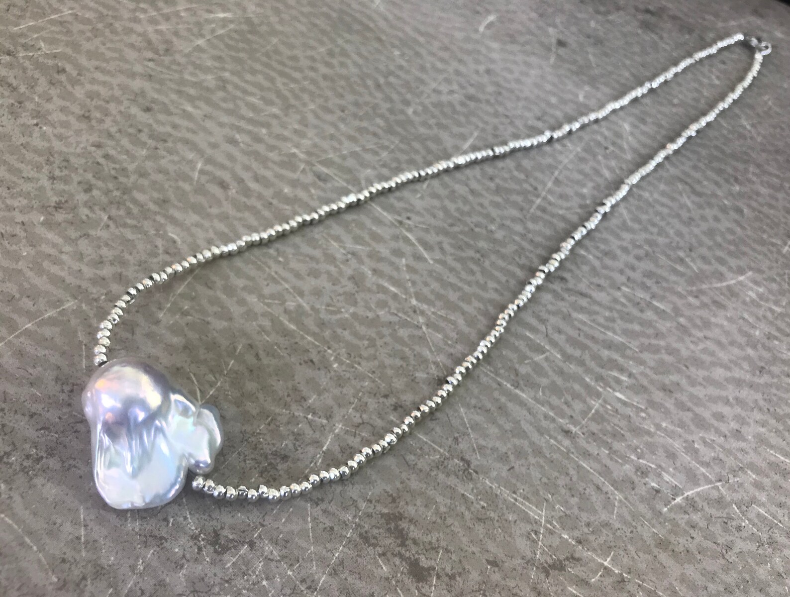 Baroque Pearl and Hill Tribe Fine Silver Necklace - Freeform Freshwater ...