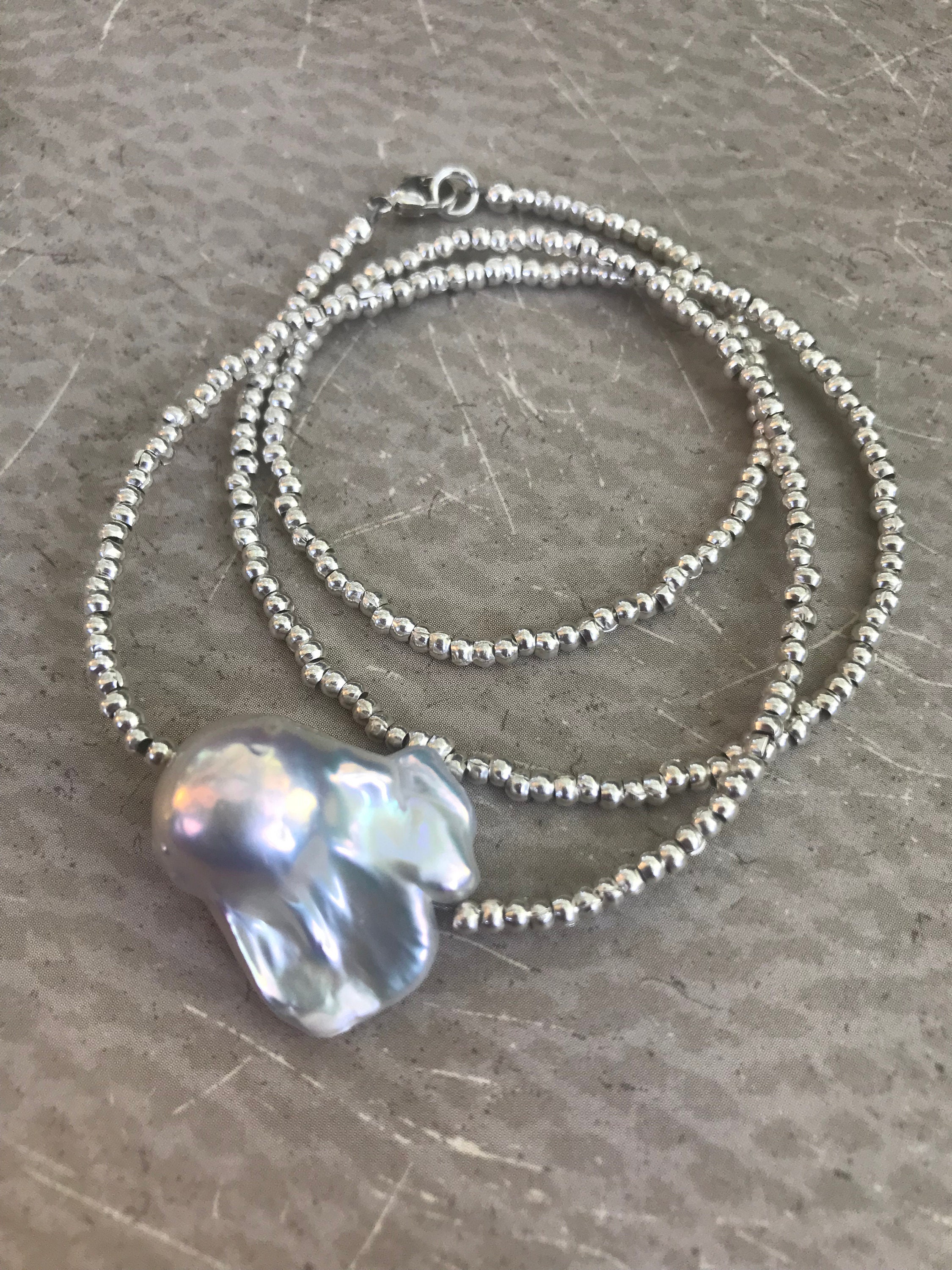 Baroque Pearl and Hill Tribe Fine Silver Necklace - Freeform Freshwater ...