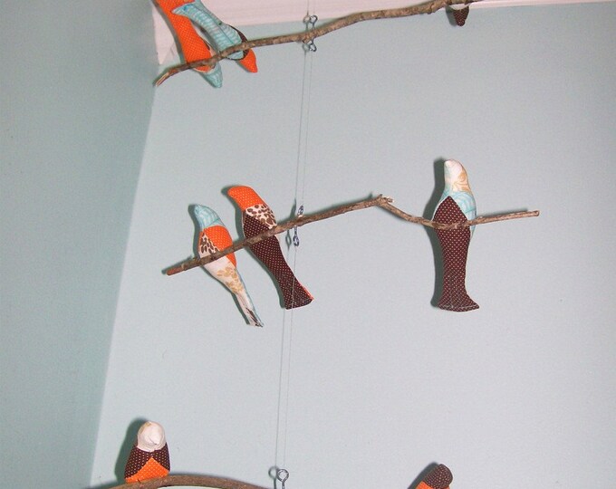 Bird Mobile-3 Tiered Branches Orange Aqua Brown White - Etsy