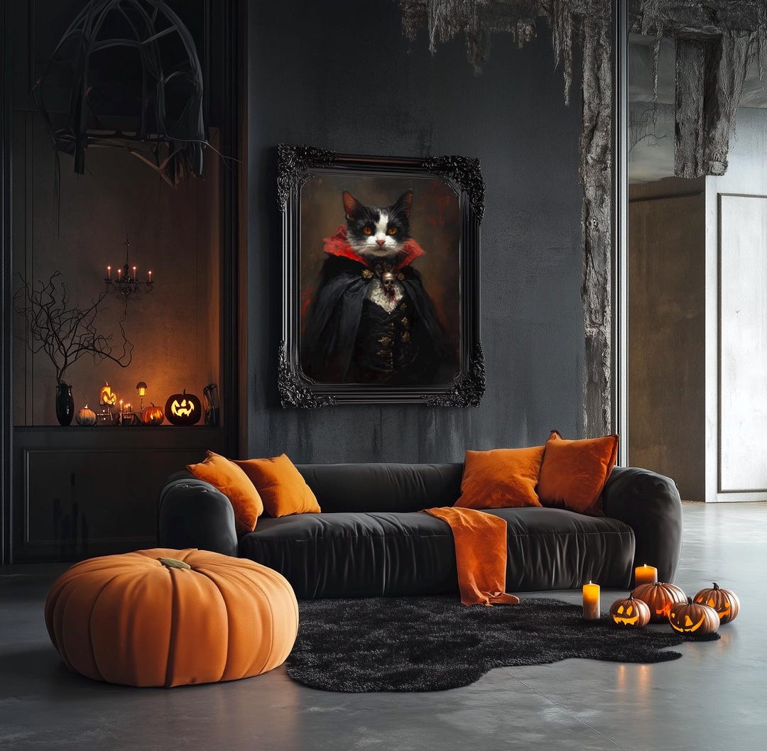 Vampire Cat Print, Printable Vintage Halloween Wall Art, Halloween Wall ...