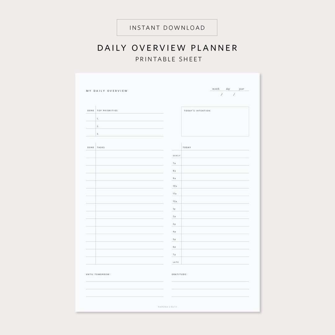 Daily Overview Planning Sheet - Printable File // Daily Organizer ...