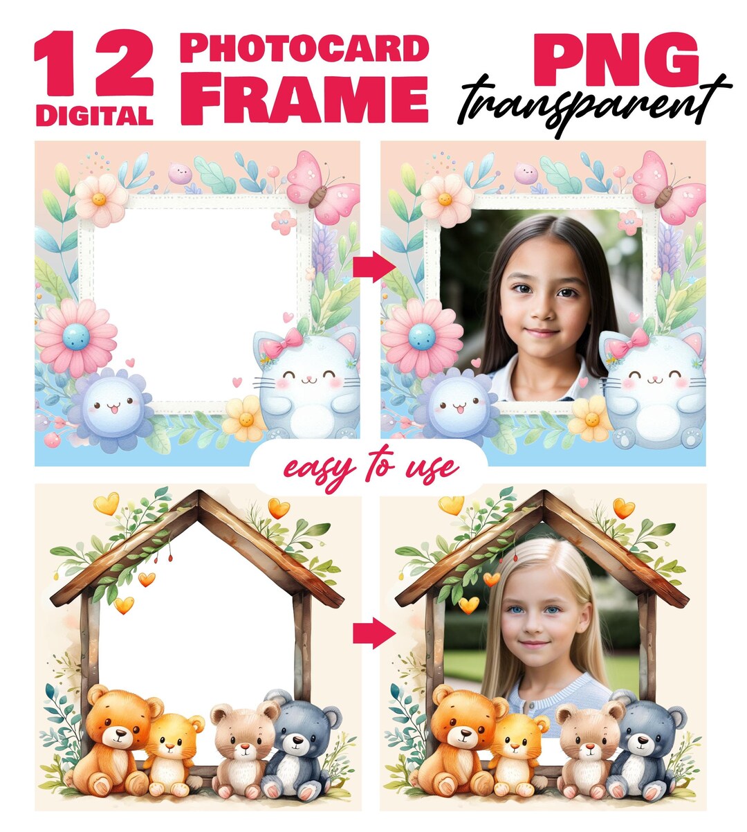 Customize Digital Photocard Frame PNG Template Digital Download Cute ...