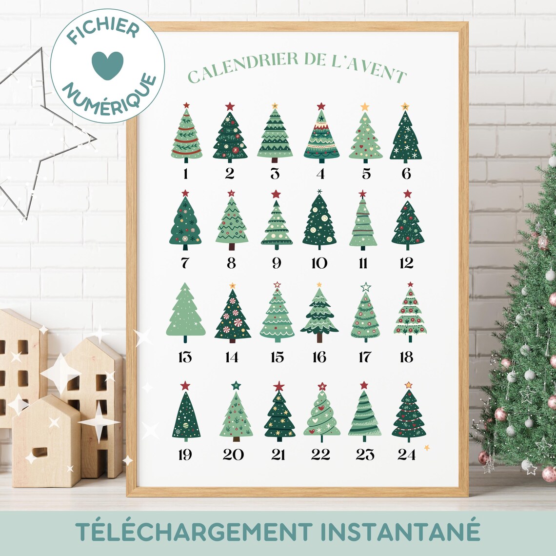 Christmas Advent Calendar Poster - Green/red Christmas Trees ...