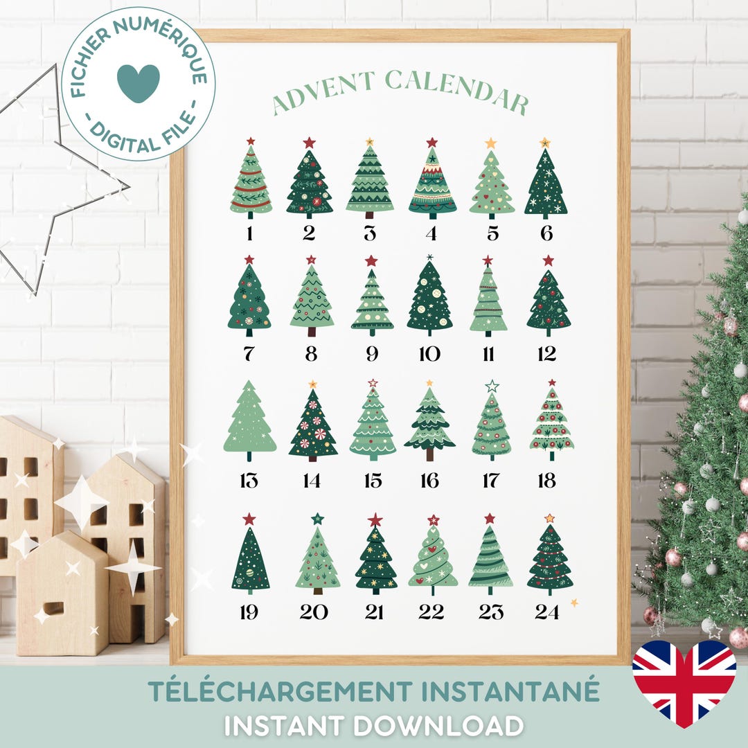 Printable Advent Calendar - Green and Red Trees | Printable Digital ...
