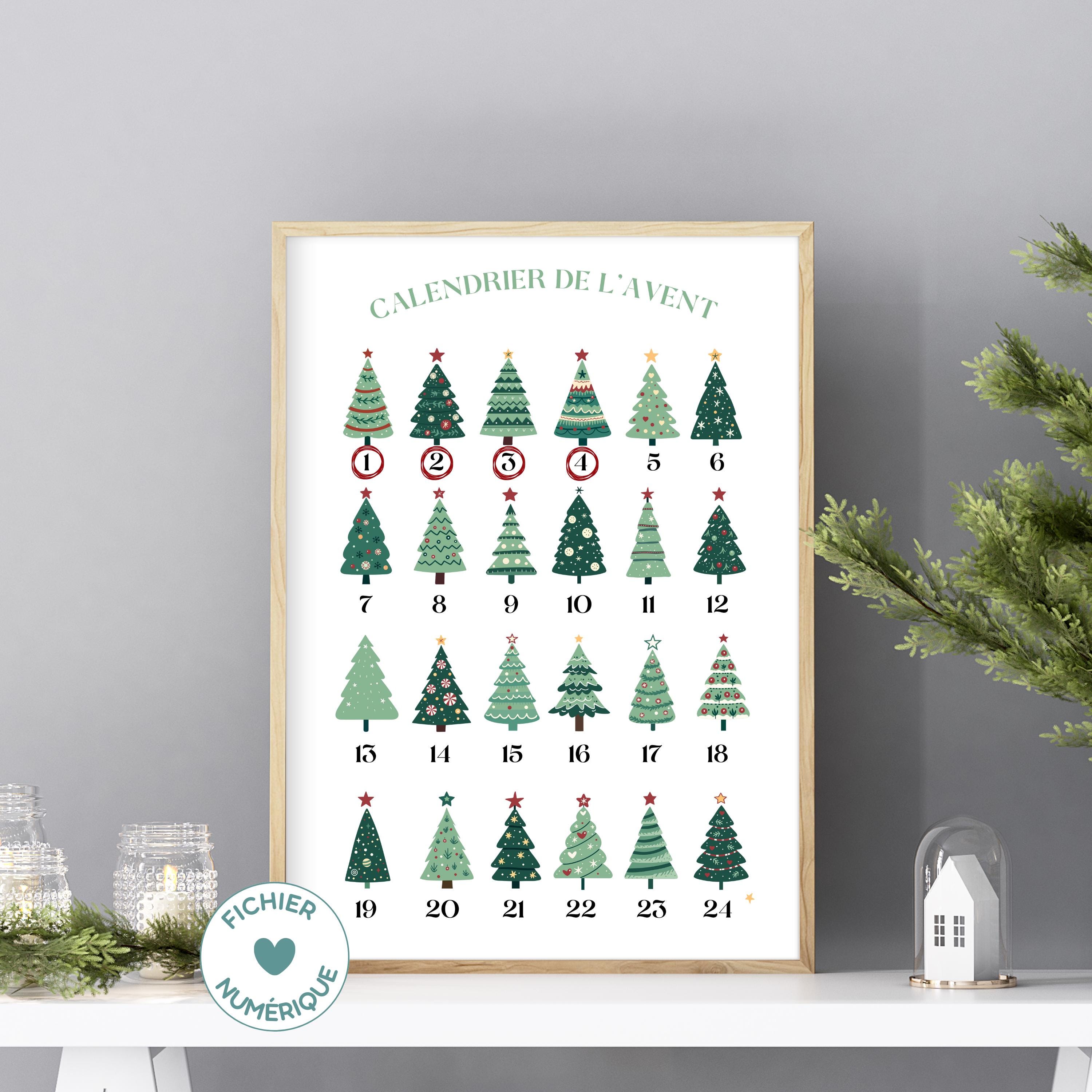 Christmas Advent Calendar Poster - Green/red Christmas Trees ...