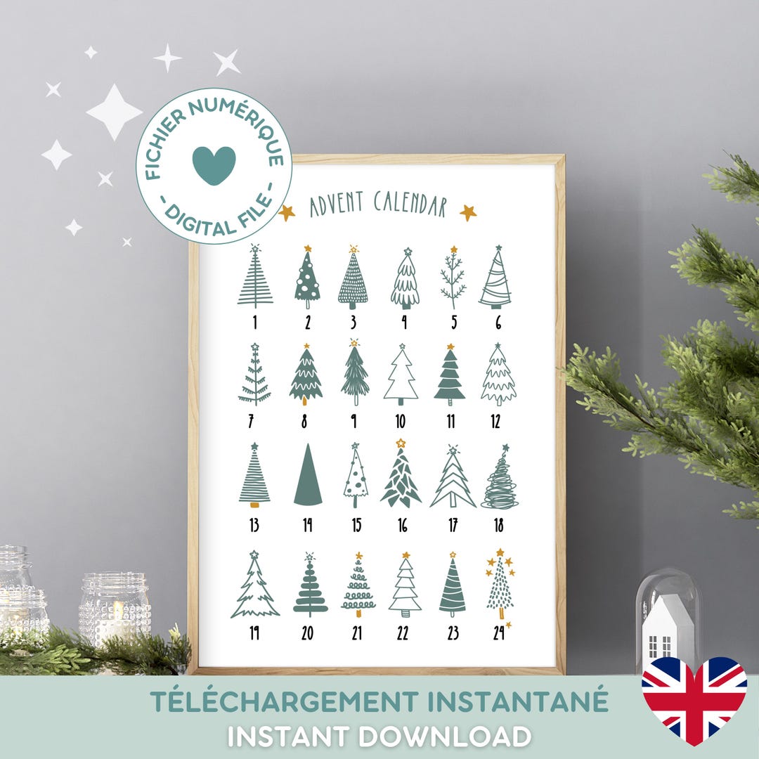 Minimalist Printable Advent Calendar Green Trees Printable Digital ...