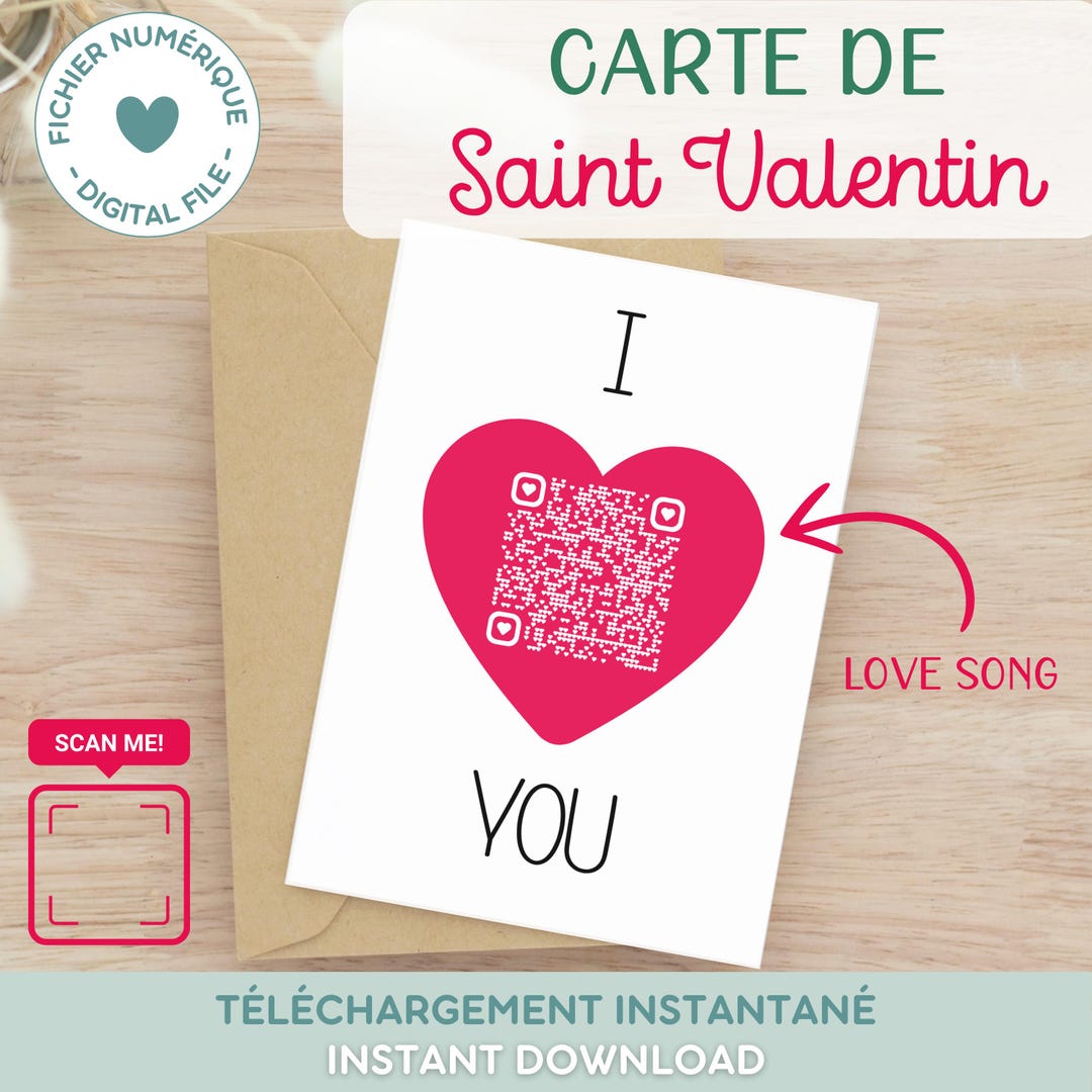 Musical Valentine's Day Card, Red Heart QR Code Template Digital File ...