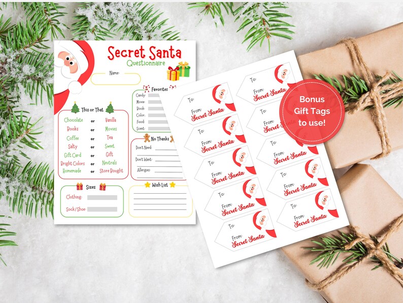 Secret Santa Questionnaire, Christmas Gift Exchange (digital Download ...