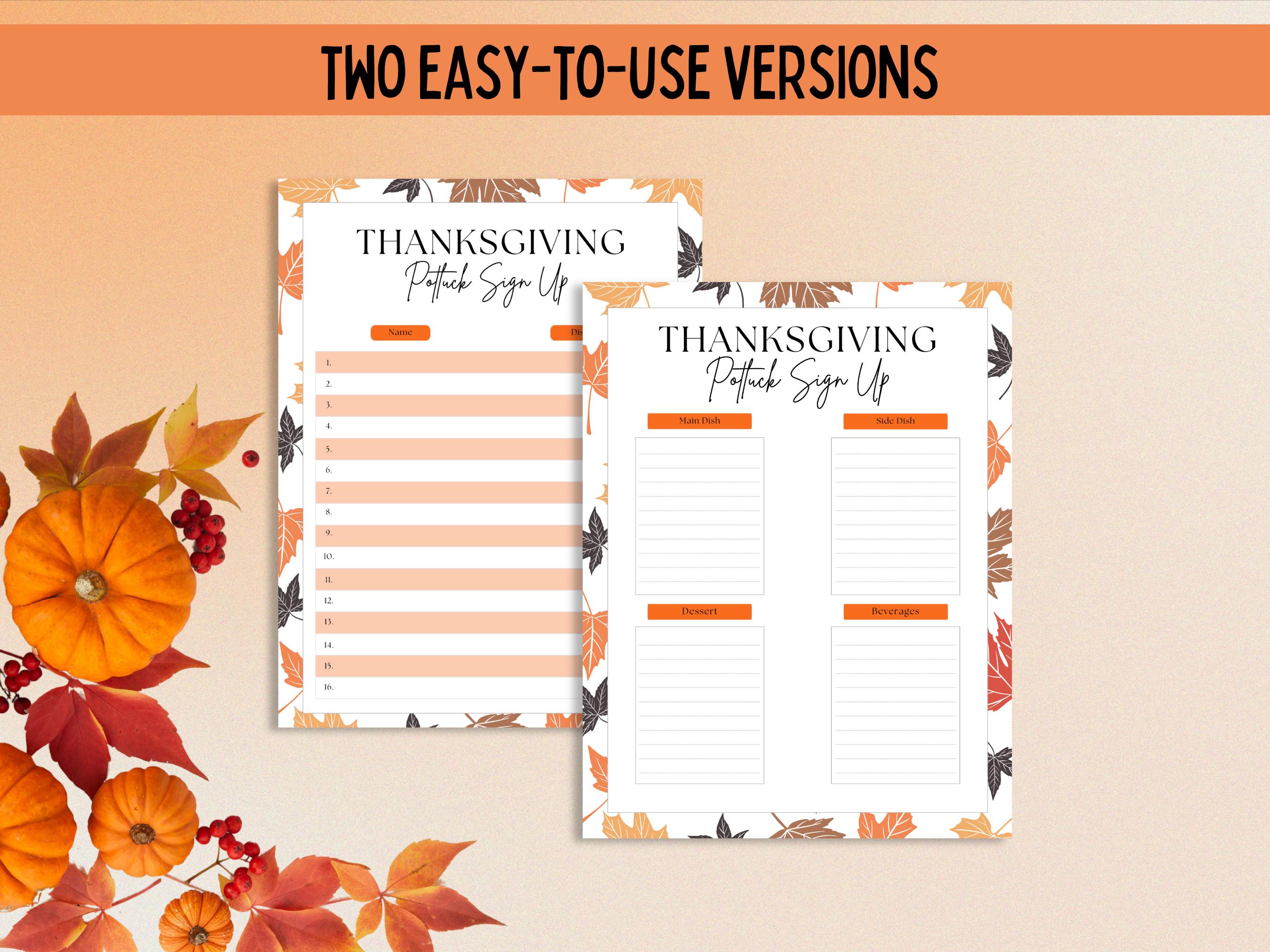 Thanksgiving Potluck Sign up Sheet, Thanksgiving Sign up Sheet ...
