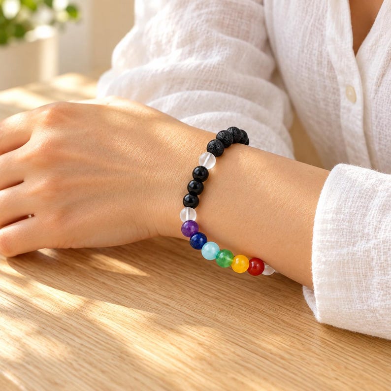 Seven Chakra Lava Bead Bracelet | Gemstone Stretch Bracelet | Choose ...