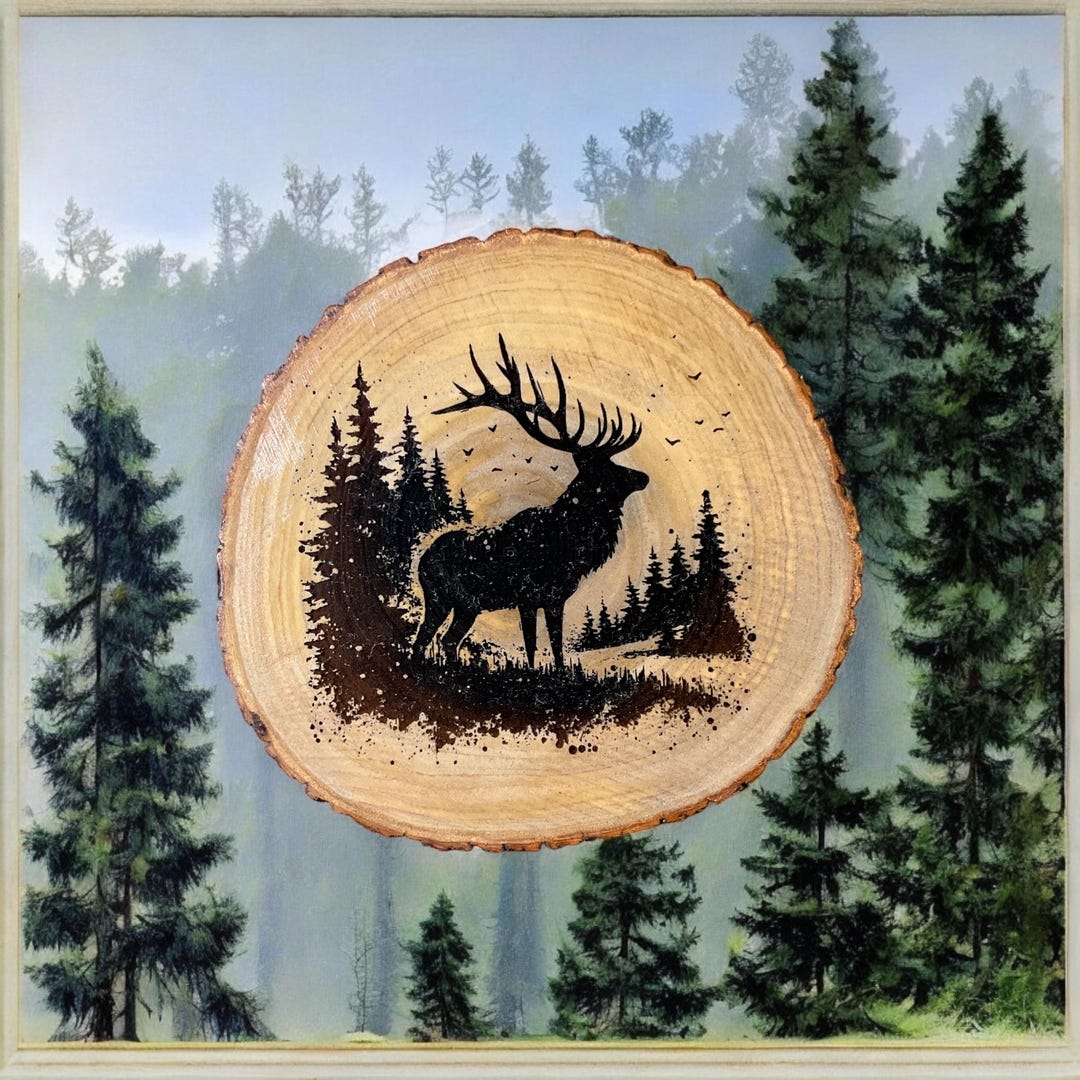 Handcrafted Engraved Stag in a Forest on a Stained and Sealed Wood ...