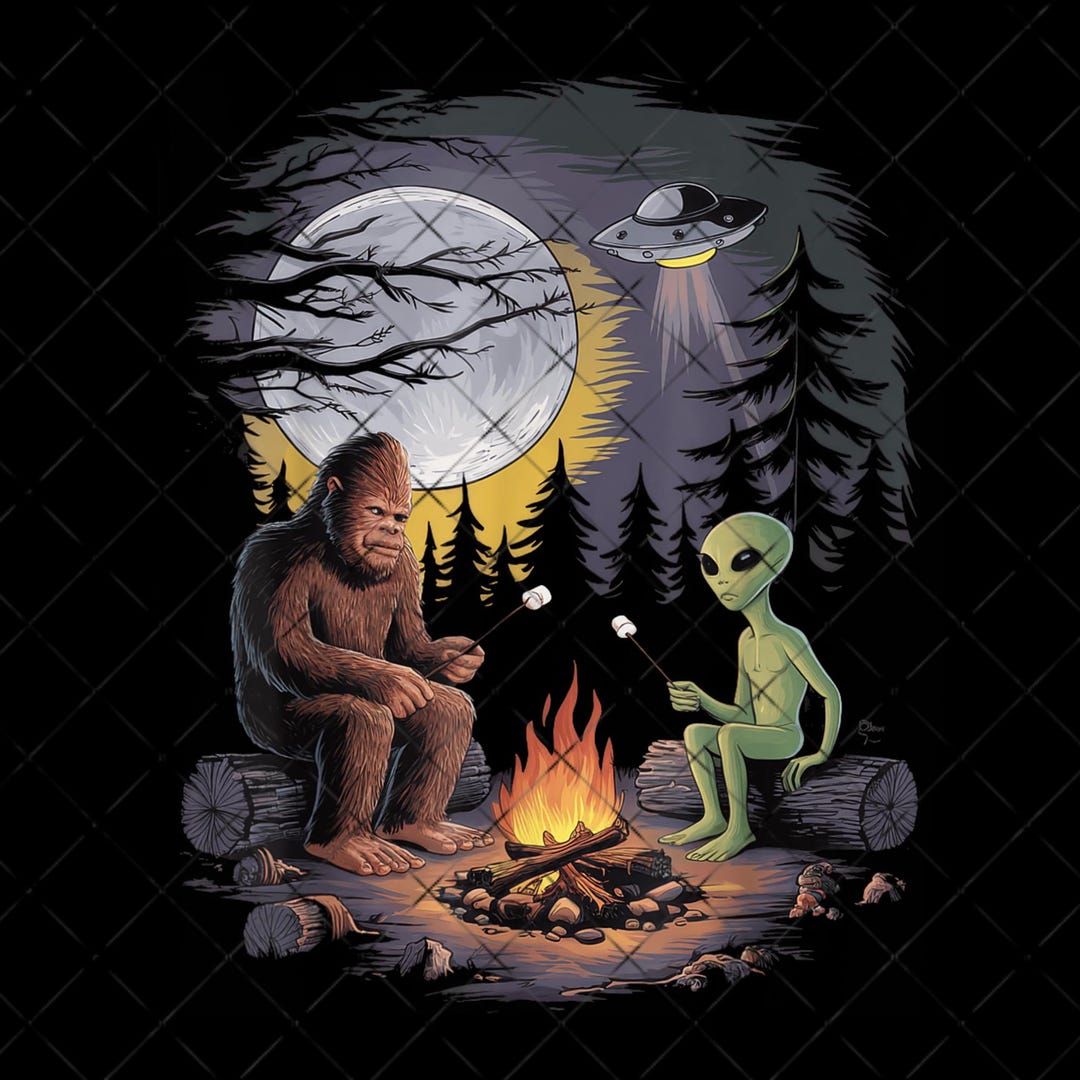 Bigfoot Alien Campfire PNG | Funny Sasquatch UFO Moon Forest Scene ...