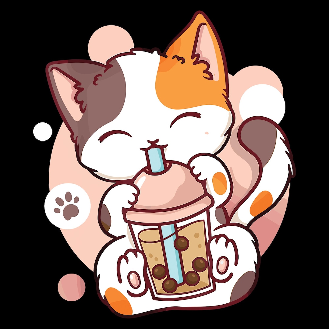 Cute Cat Drinking Boba Tea PNG Kawaii Bubble Tea Digital Design ...