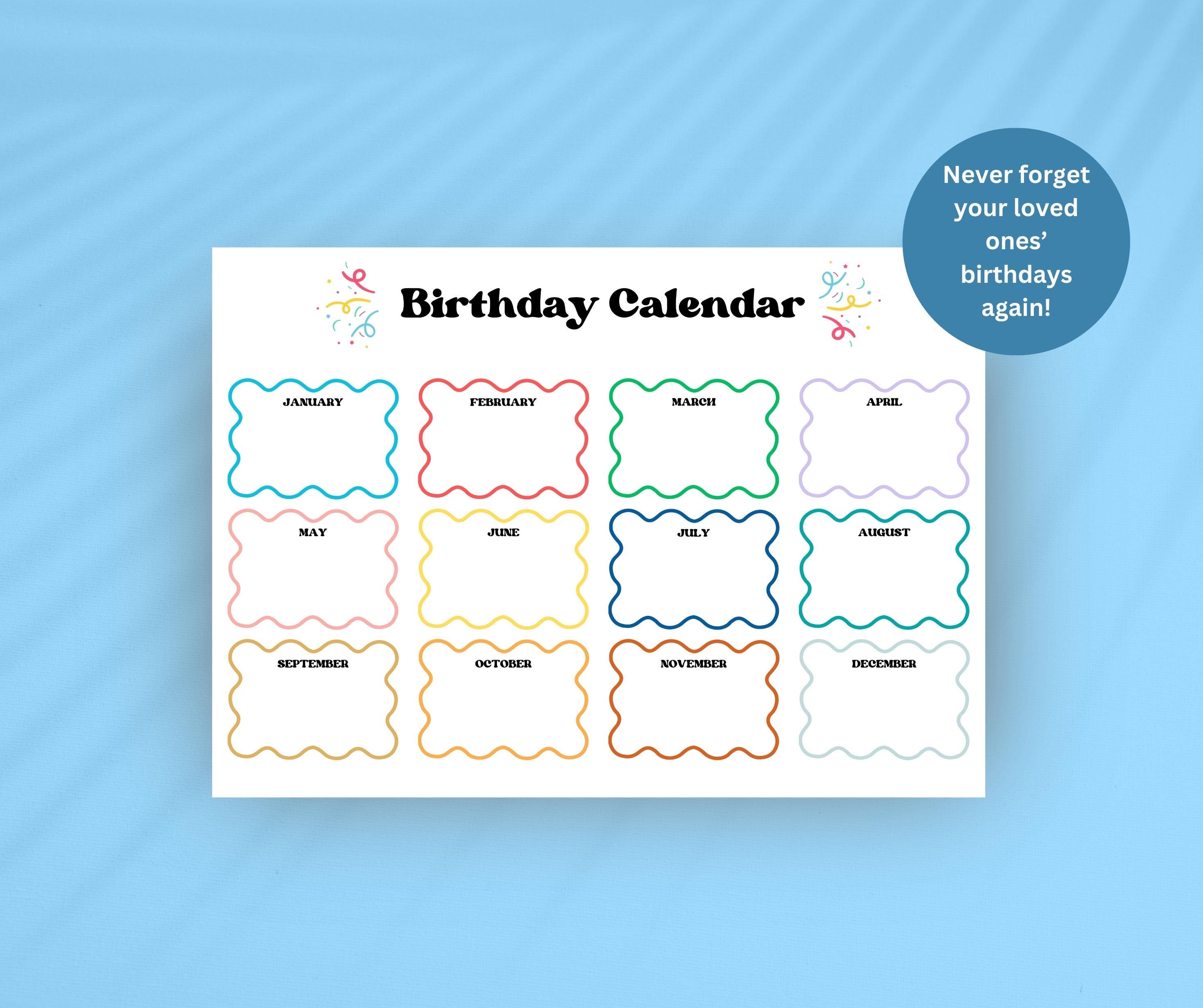 Birthday Tracker Calendar Printable – Colorful Digital Download to ...