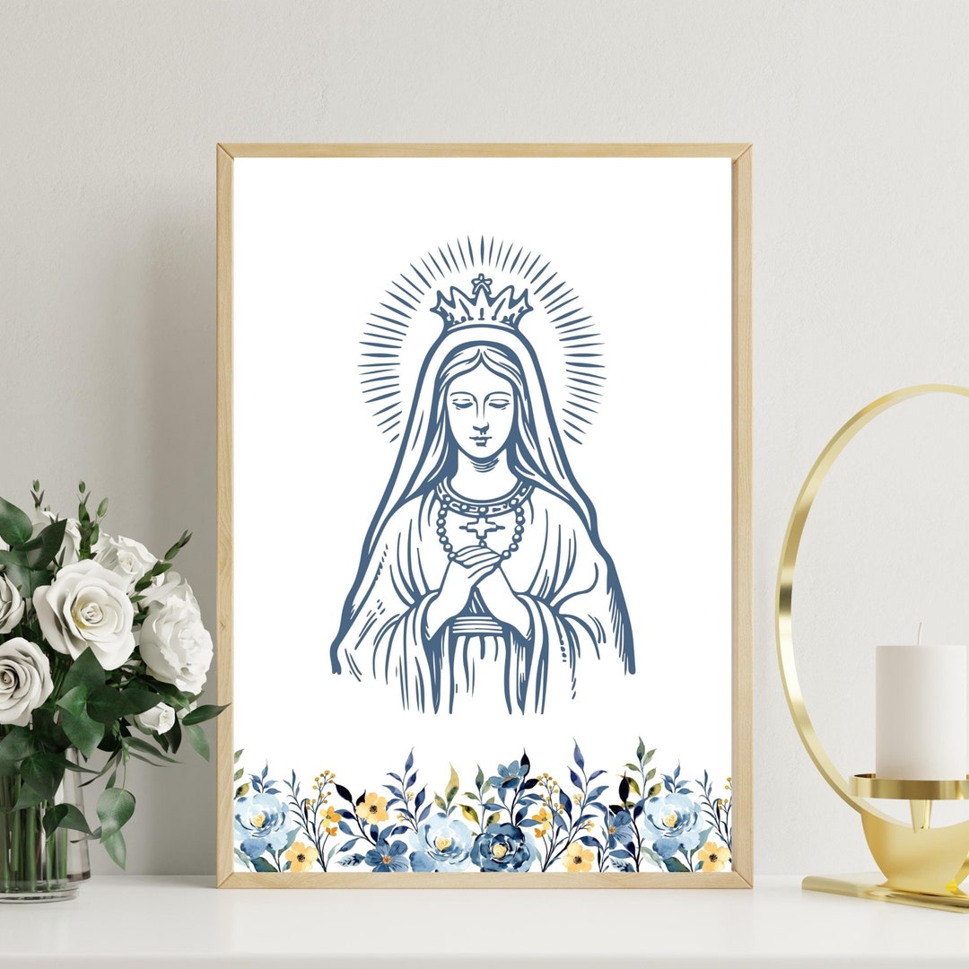 Mother Mary Floral Print | Catholic Wall Art | Blue Blessed Virgin Mary ...