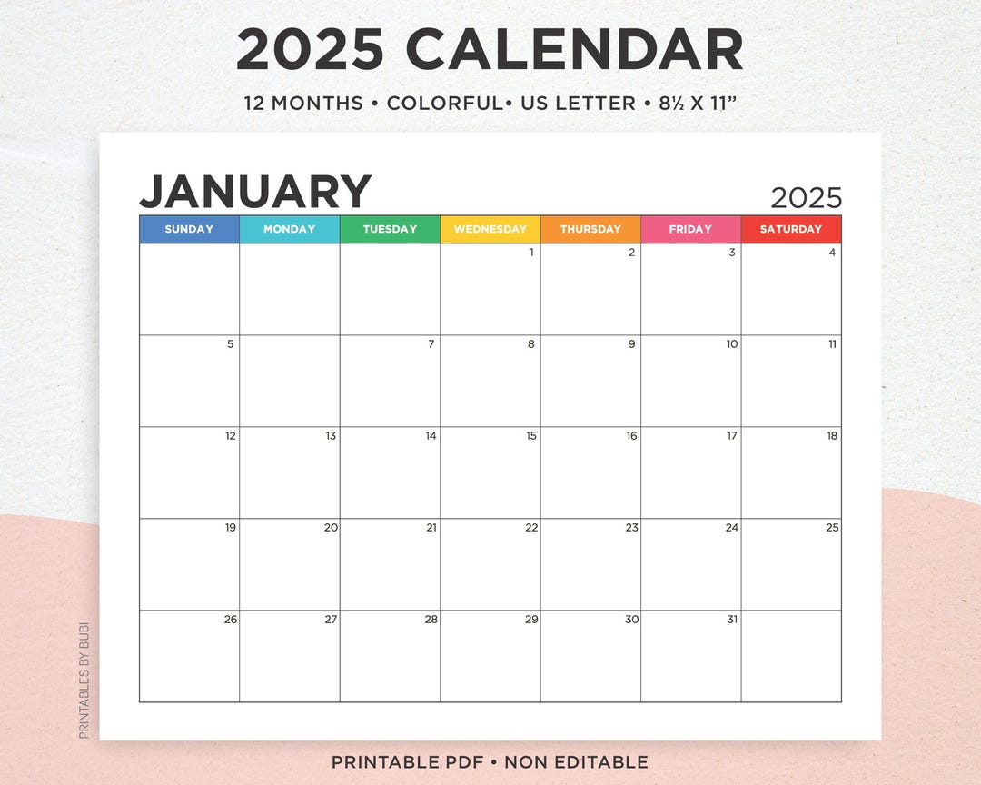 2025 Colorful Calendar Printable, 12 Month Printable Calendar, PDF ...