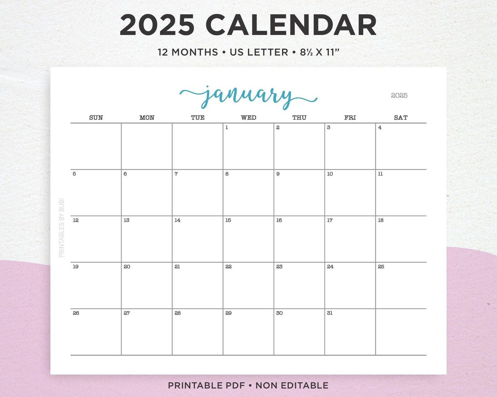 2025 Calendar, 2025 Calendar Printable, Monthly Planner Landscape, Wall ...