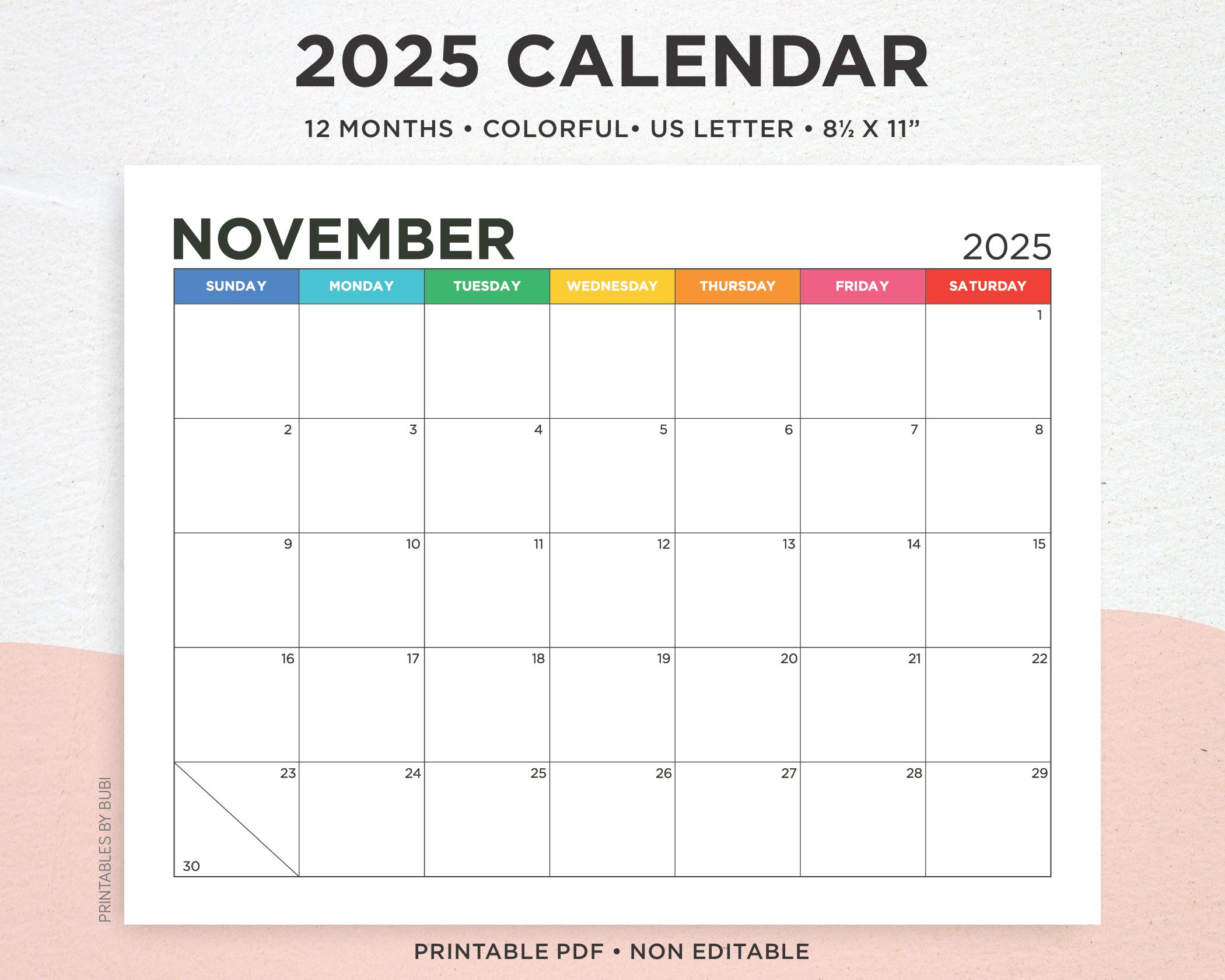 2025 Colorful Calendar Printable, 12 Month Printable Calendar, PDF ...