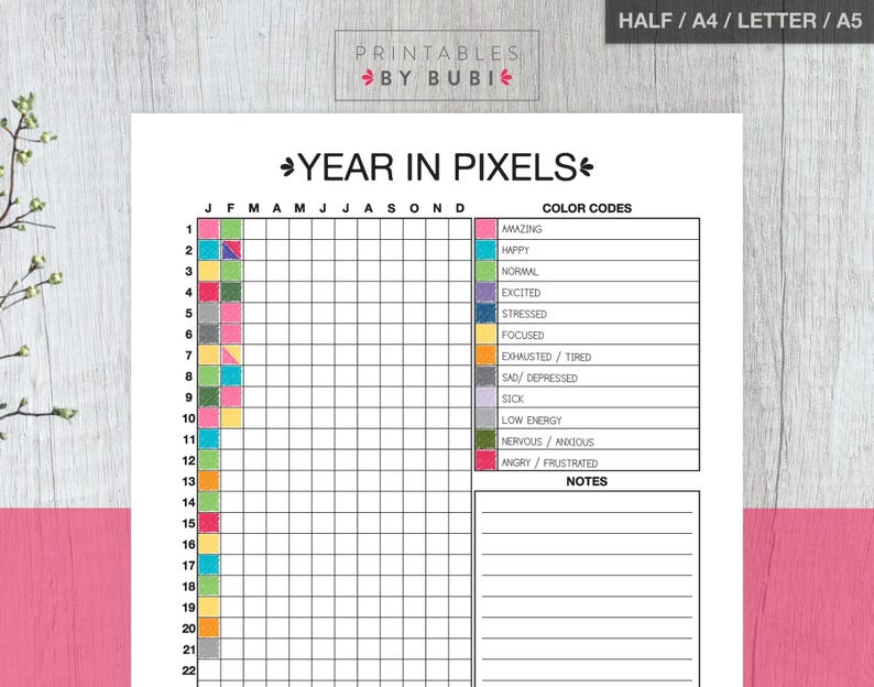 Mood Chart, Mood Tracker, Year in Pixels, Bullet Journal, Mood, PDF ...