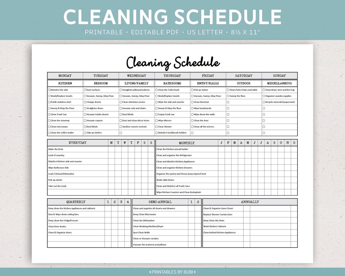 Editable Cleaning Checklist Printable Cleaning Schedule - Etsy