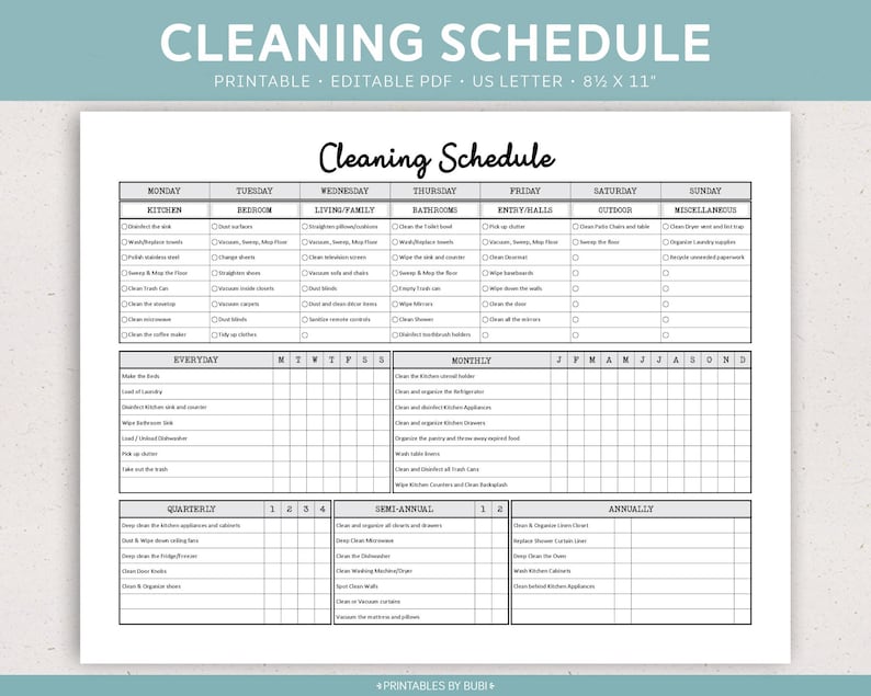 Editable Cleaning Checklist Printable Cleaning Schedule - Etsy