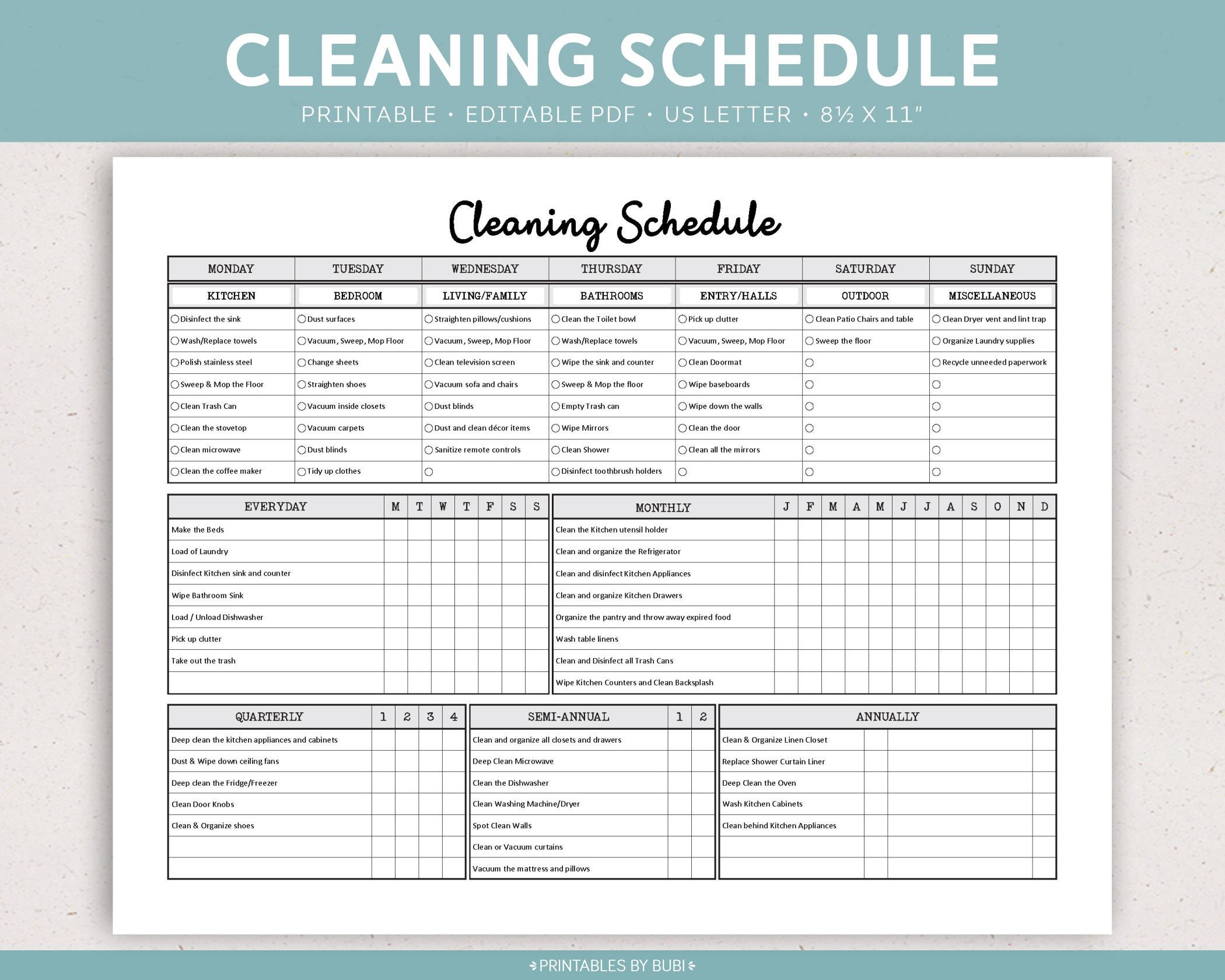 Editable Cleaning Checklist Printable Cleaning Schedule - Etsy