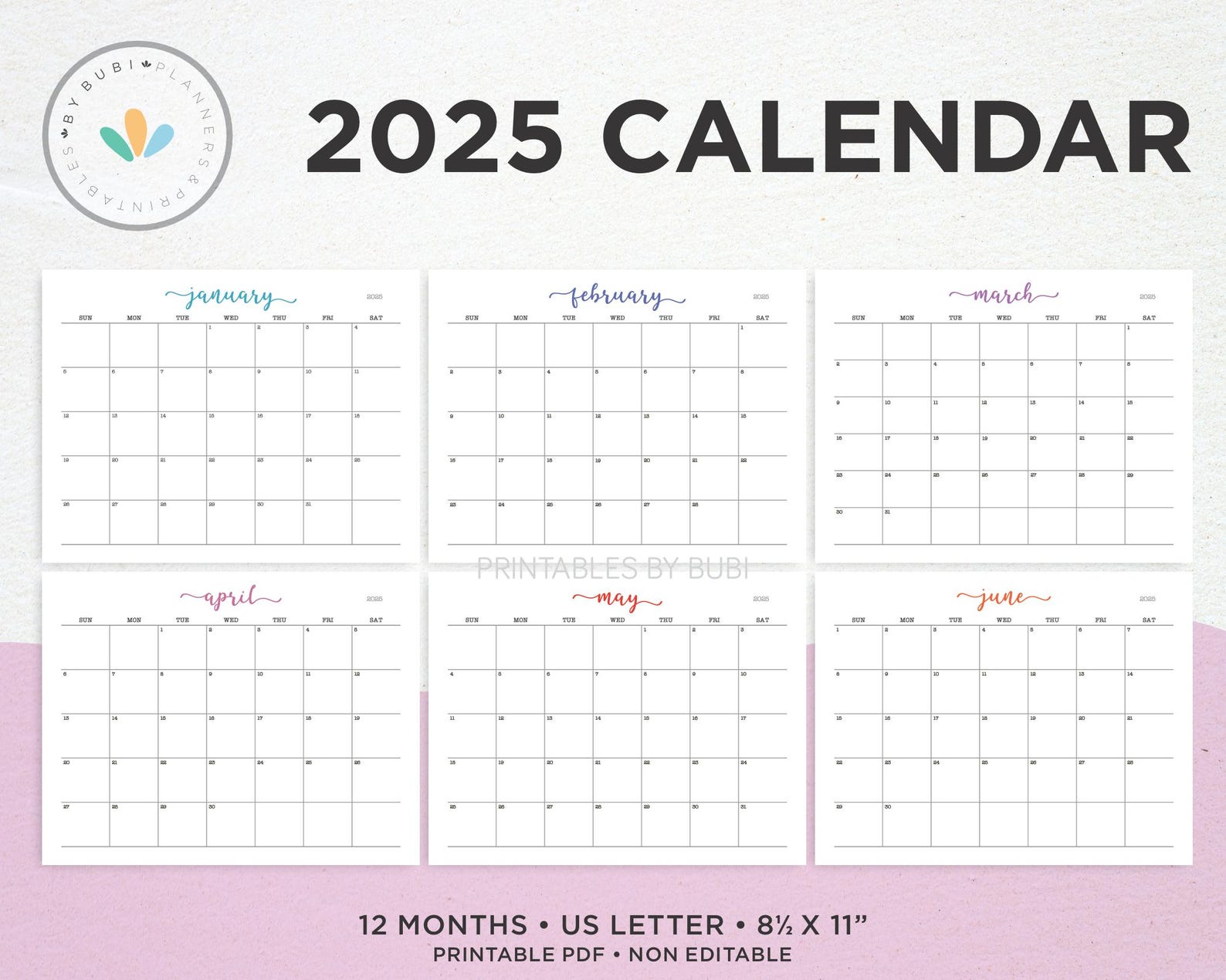 2025 Calendar, 2025 Calendar Printable, Monthly Planner Landscape, Wall ...