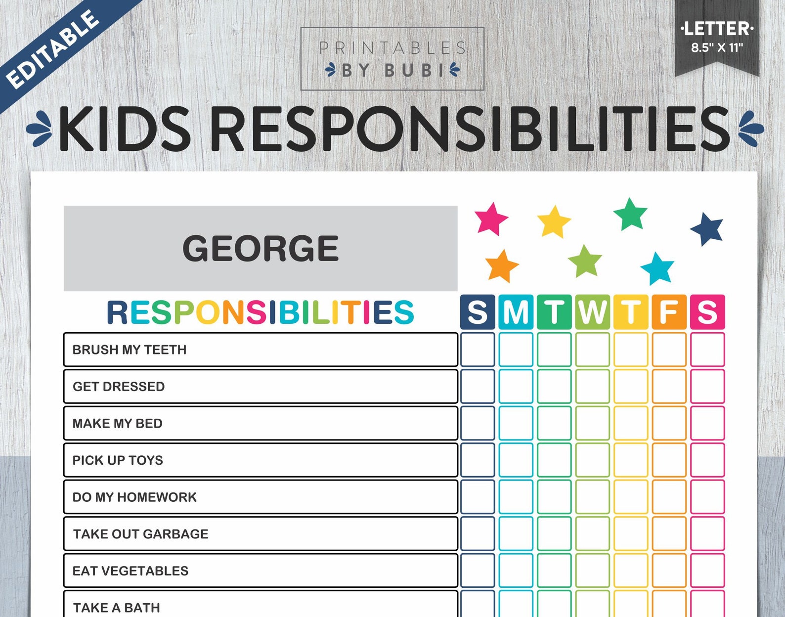 Printable Chore Chart for Kid's Editable Responsibility - Etsy