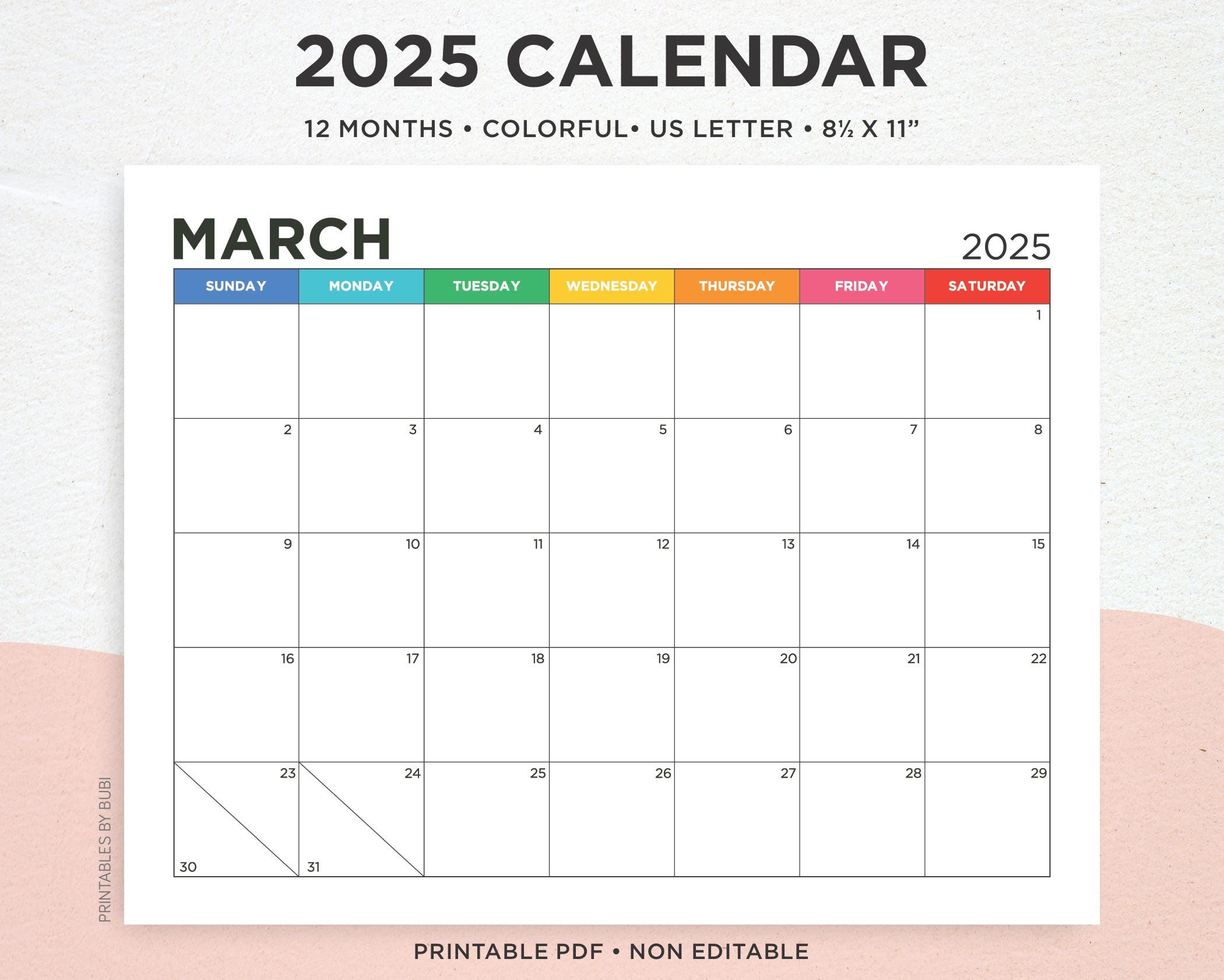 2025 Colorful Calendar Printable 12 Month Printable Calendar PDF Download Yearly Calendar 2025 Wall Calendar Desk Calendar US Letter Etsy
