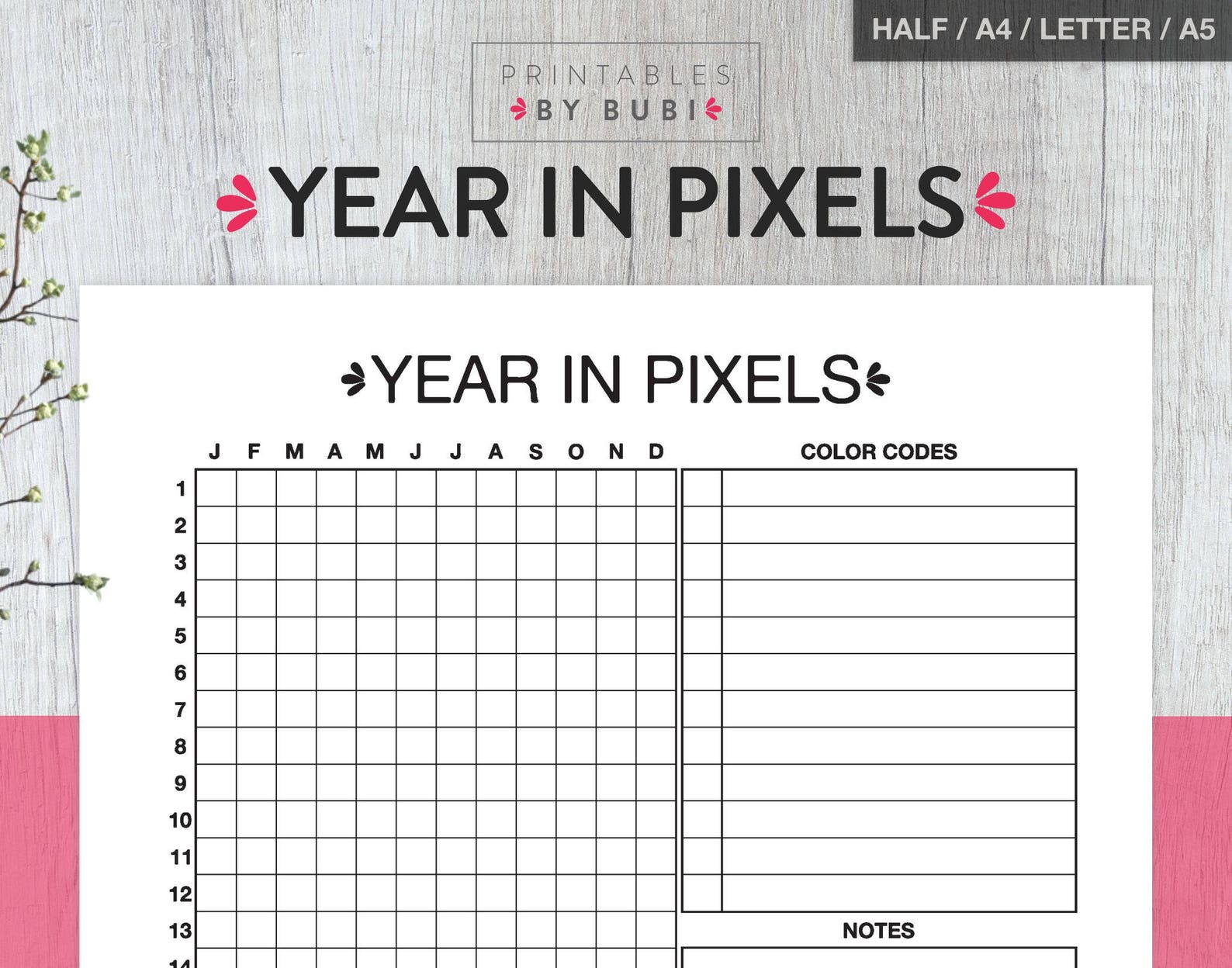 Mood Chart, Mood Tracker, Year in Pixels, Bullet Journal, Mood, PDF ...