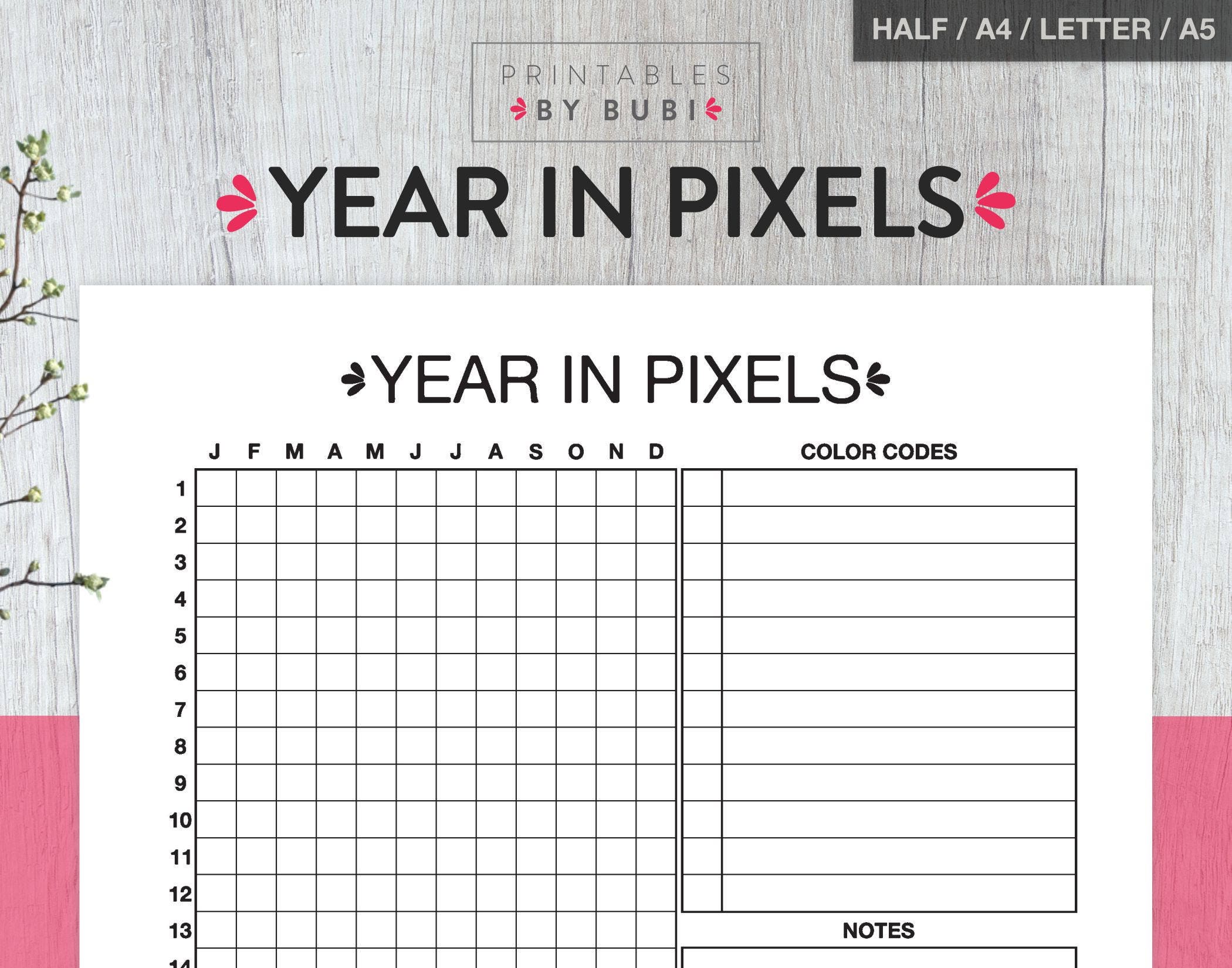 Mood Chart, Mood Tracker, Year in Pixels, Bullet Journal, Mood, PDF ...