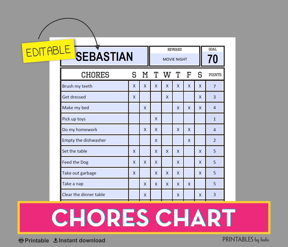 Kids Chore Chart Printable, Chore Chart System, Reward Chart System ...