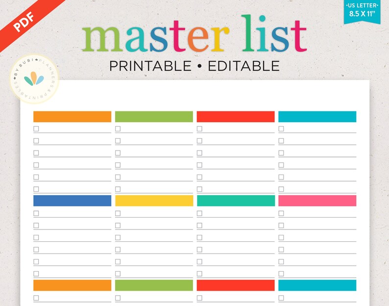 Printable To-do List, Editable Checklist Template, Master List, Task ...