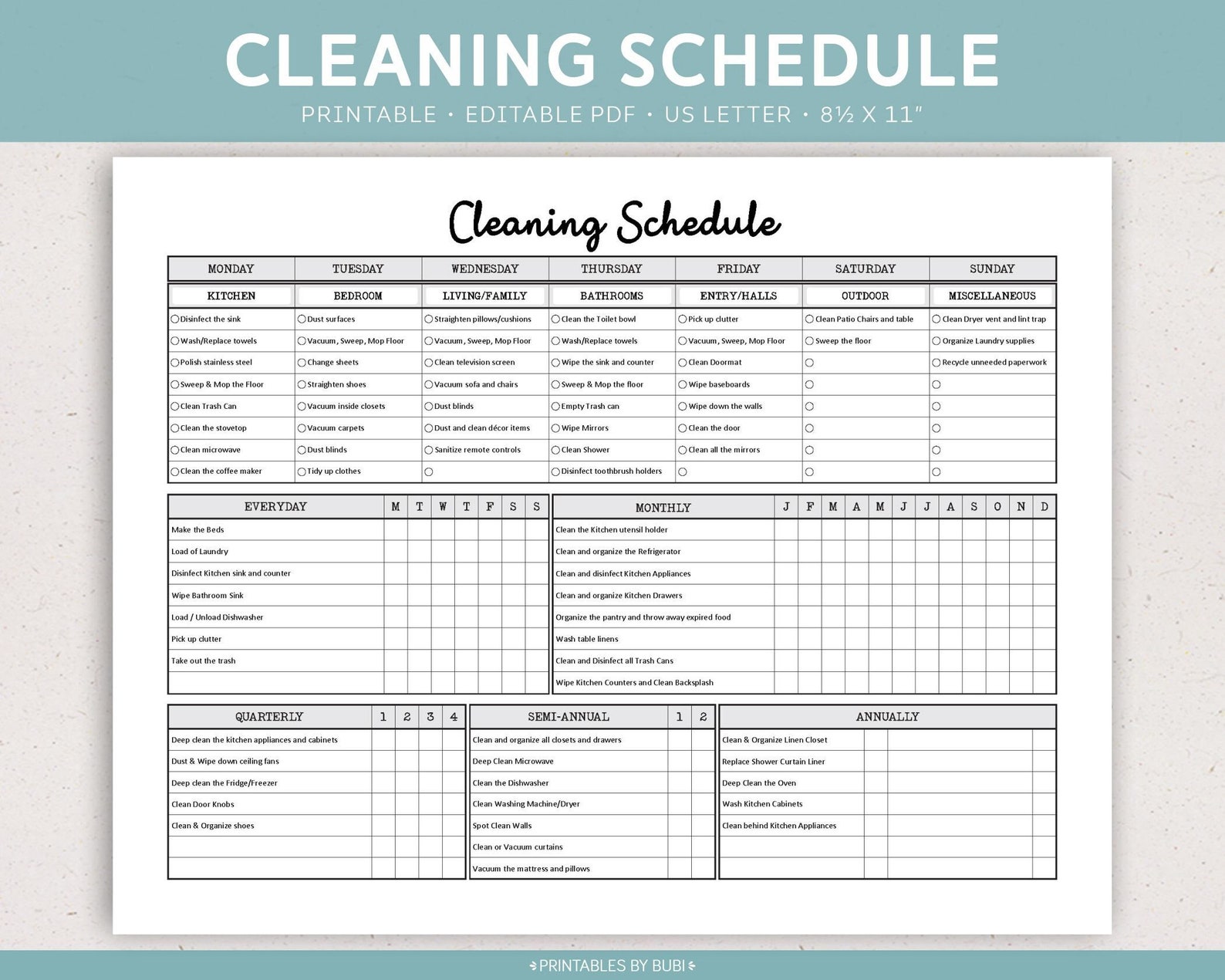 Editable Cleaning Checklist, Printable Cleaning Schedule, Cleaning ...