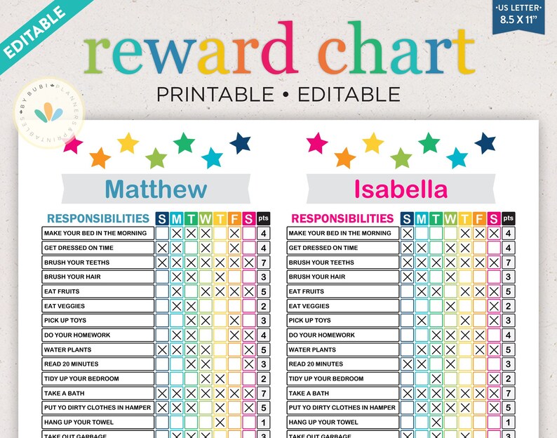 Reward Chart for 2 Kids, Kids Chore Chart, Chore Chart With Points ...