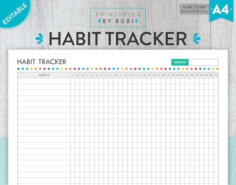 Habit Tracker A4 Printable, Editable Habits Tracker, Healthy Habits,daily Habits, Habit ...