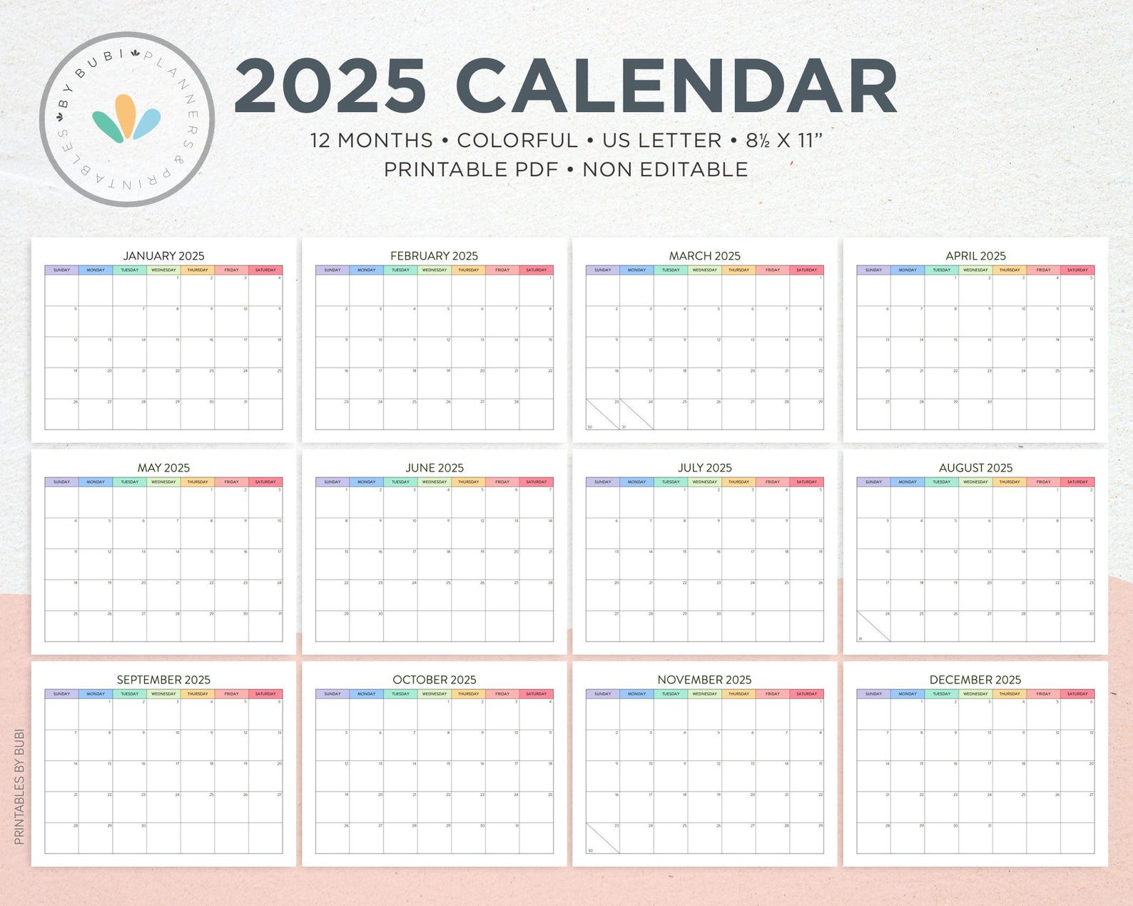2025 Colorful Calendar Printable, 12 Month Printable Calendar, PDF ...