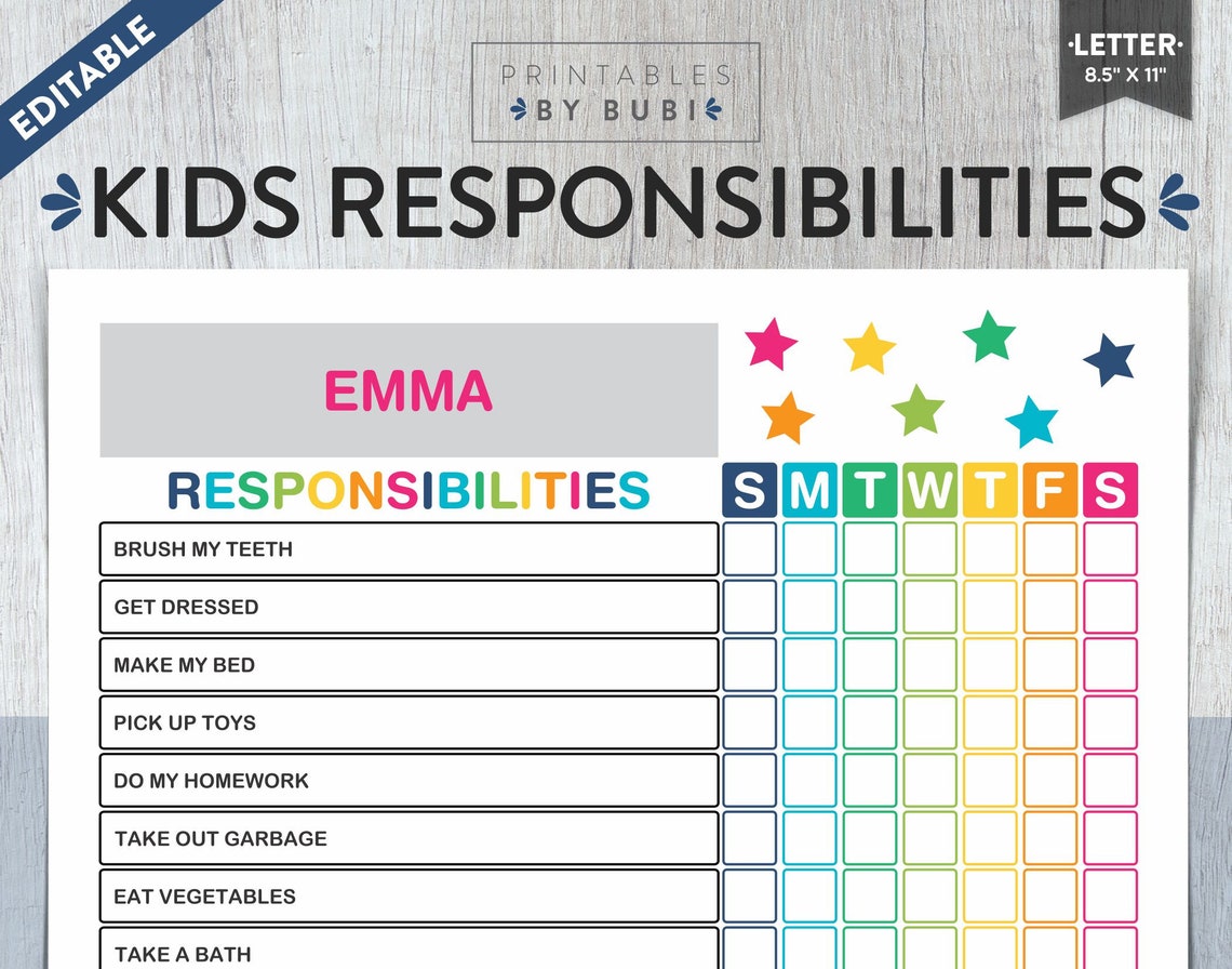 Printable Chore Chart for Kid's Editable Responsibility - Etsy