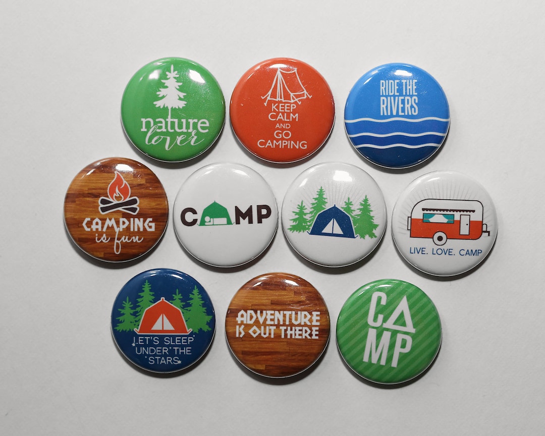 Camping Set of 10 Buttons Pinbacks Badges 1 Inch - Flatbacks or Magnets ...